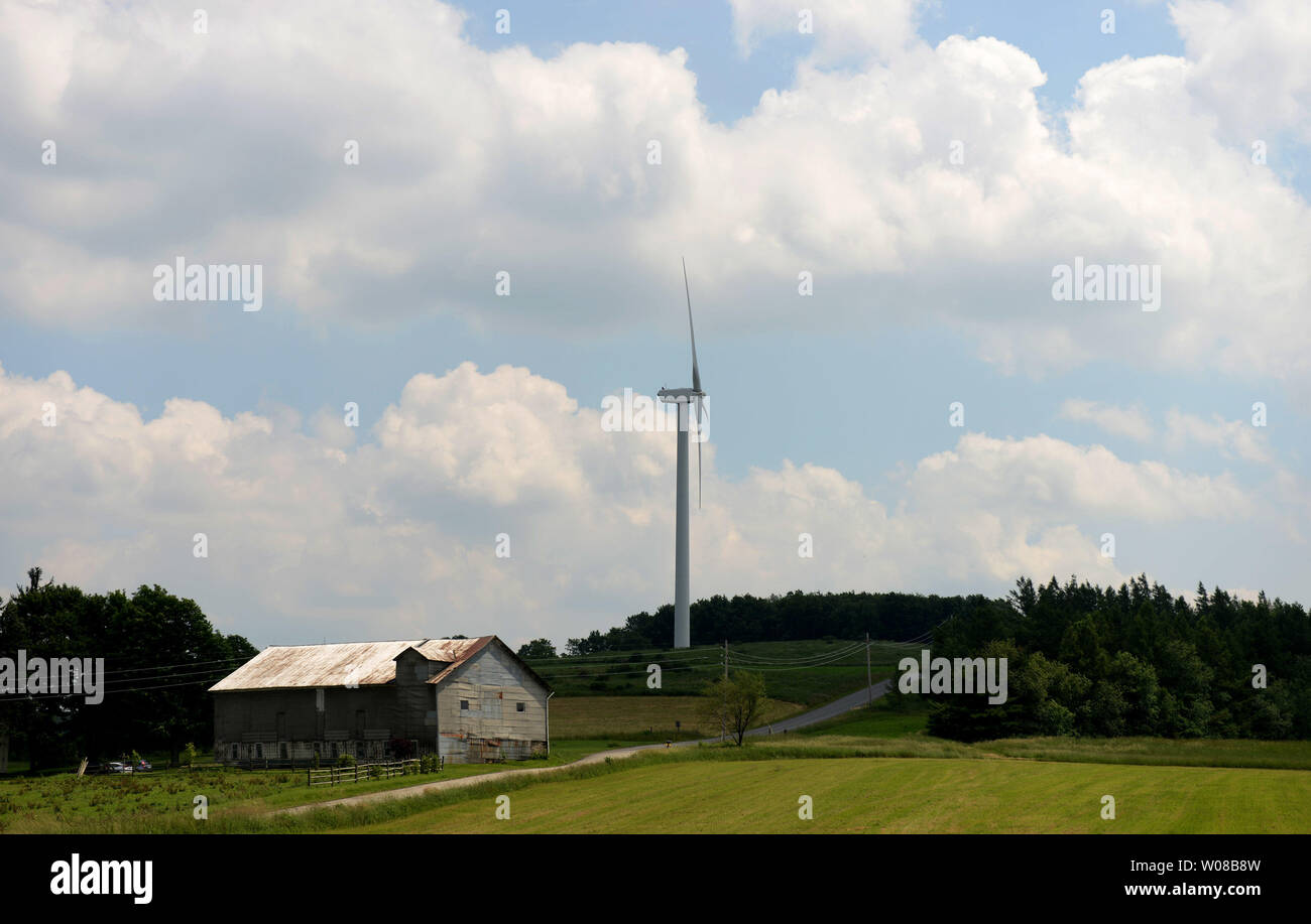 One of six wind turbines of the Somerset Wind Farm is shown next to a ...
