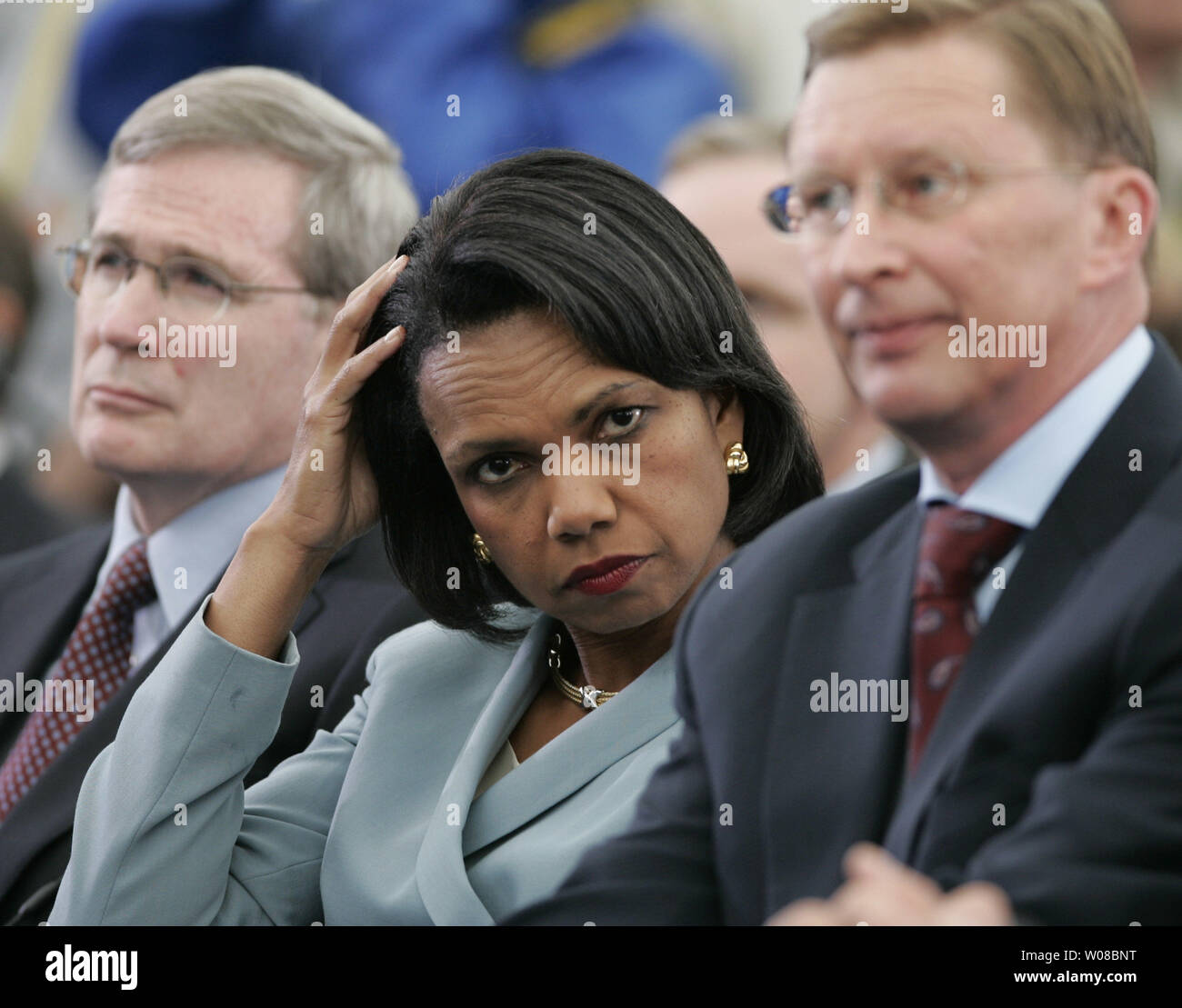 U.S. Secretary of State Condoleezza Rice (C) sits between U.S. National ...