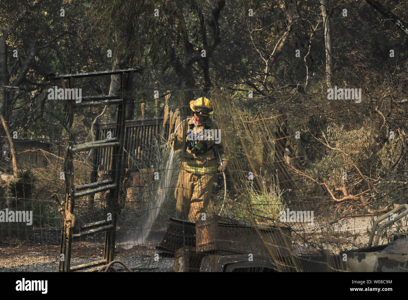 A Cal Fire firefighter hoses down a hot spot in Sonoma County ...