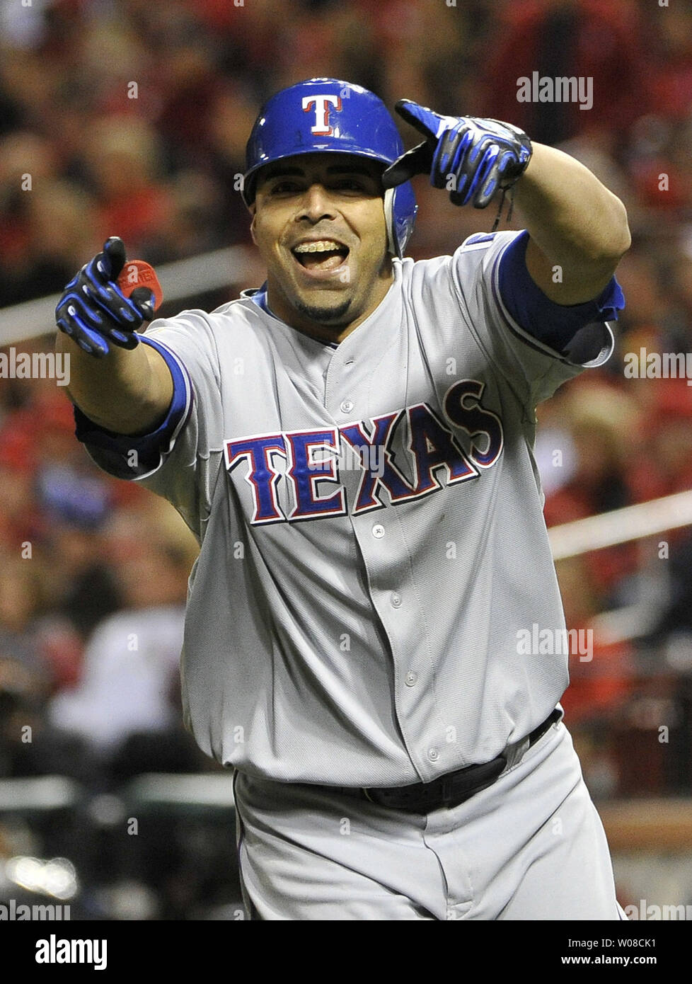 Texas Rangers Nelson Cruz celebrates after hitting a solo homerun ...