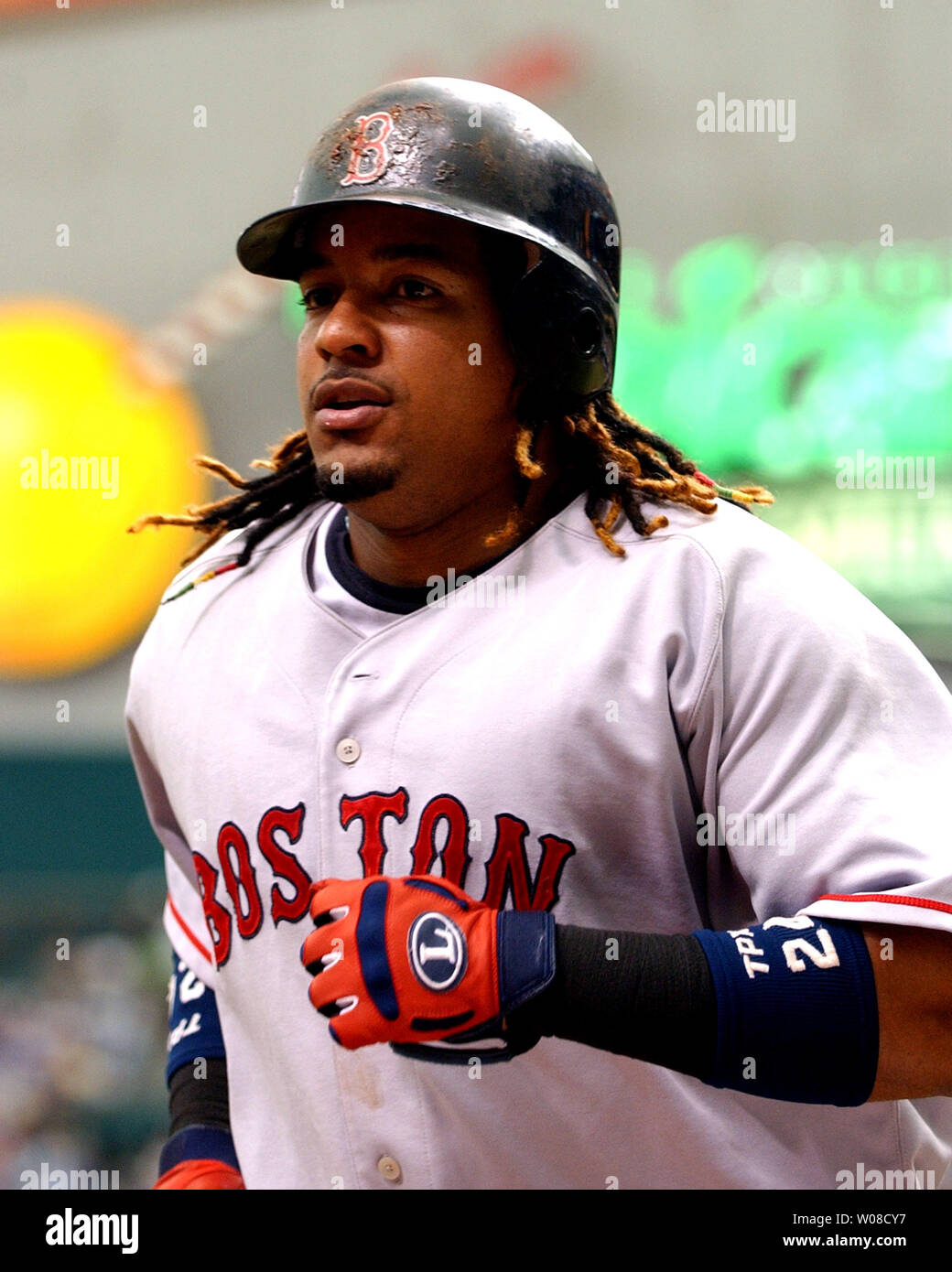 Boston Red Sox' Manny Ramirez makes his way back to the dugout after ...