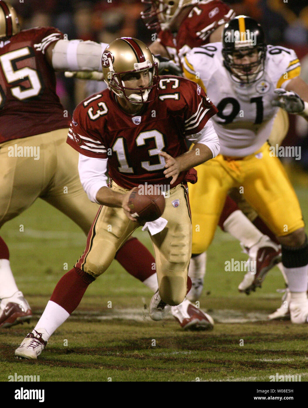 San Francisco 49ers QB Tim Rattay looks to hand off the football in his ...