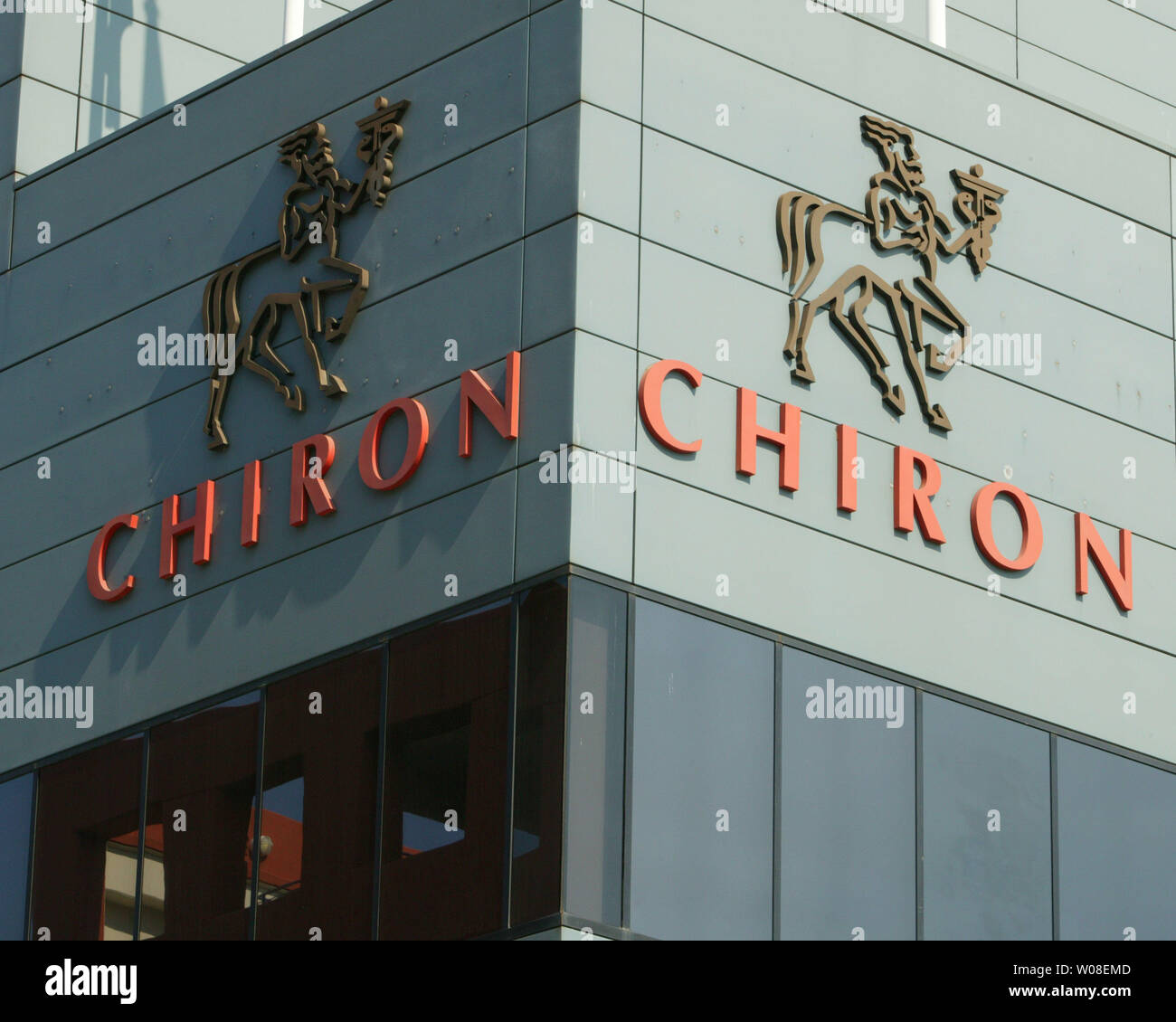 A corner of the building displays the name of Chiron Corp. in ...
