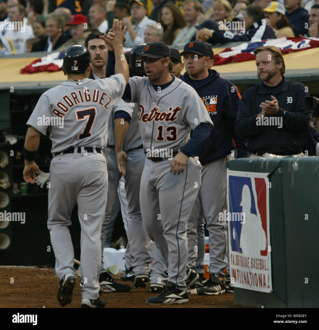 Detroit Tigers Ivan Rodriguez (7) is congratulated by Vance Wilson (13 ...