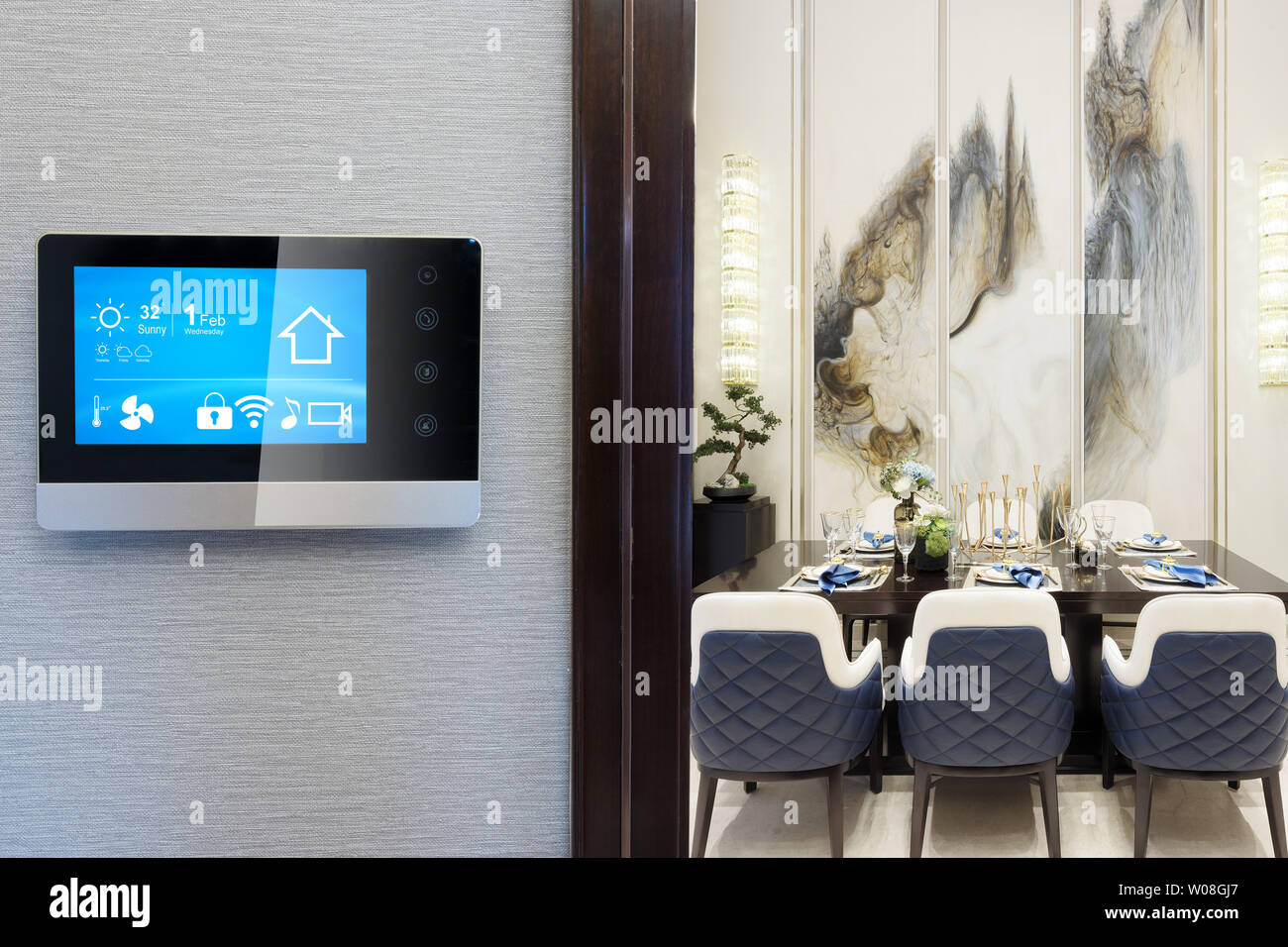smart screen with smart home and modern dining room Stock Photo - Alamy