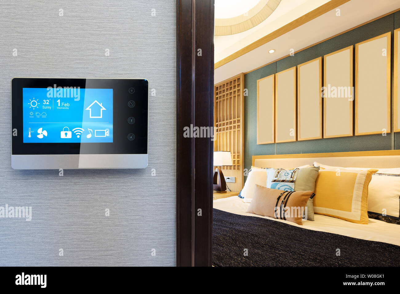 smart screen with smart home and modern bedroom Stock Photo - Alamy