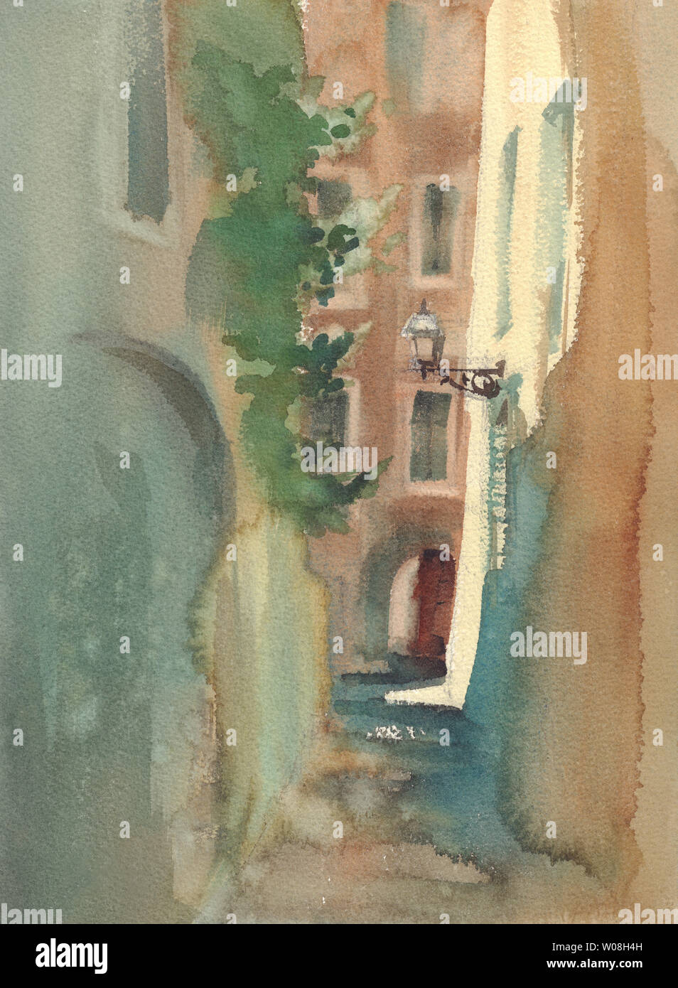 Old town sketch with shadows watercolor background. Vintage ...