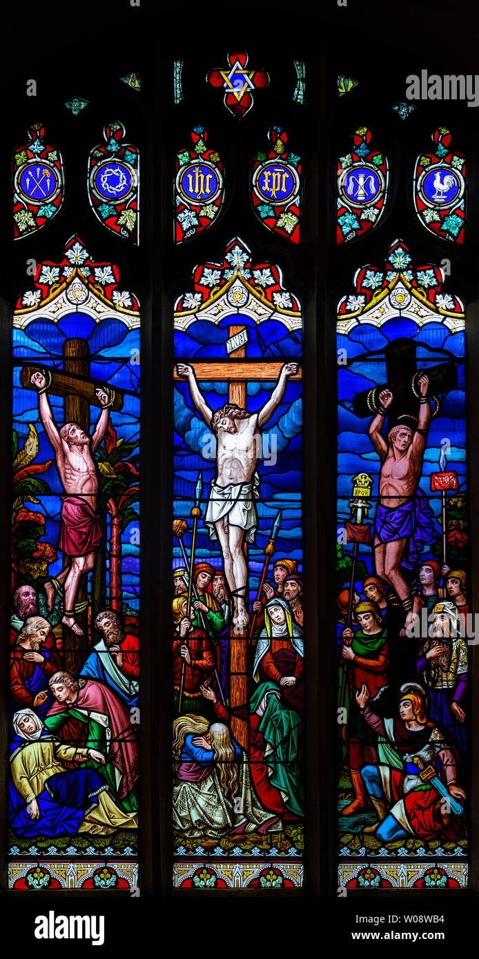 Stained glass window Crucifixion, c 1865 by H Hughes, Wetherden church ...