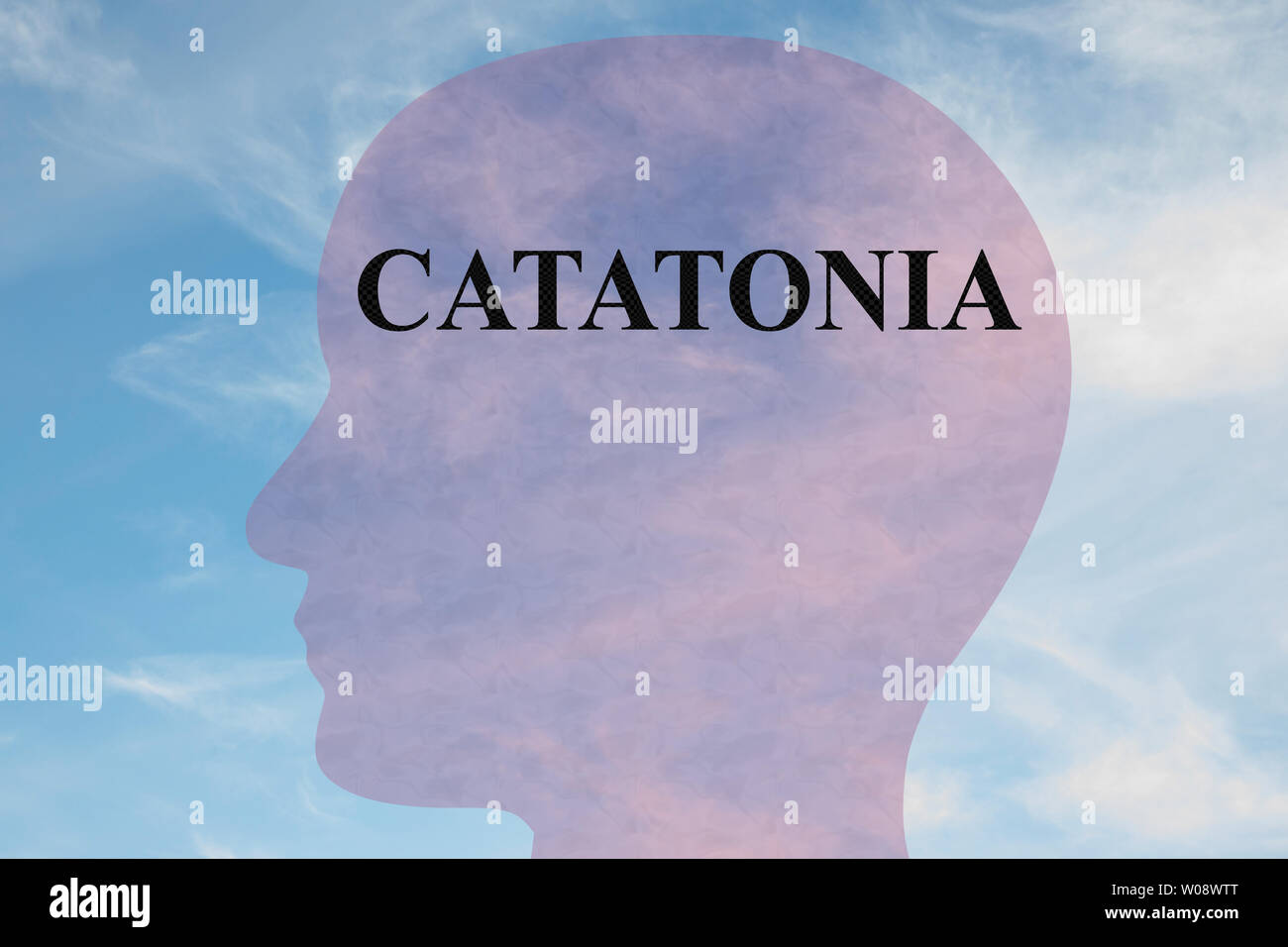 Render illustration of CATATONIA title on head silhouette, with cloudy ...
