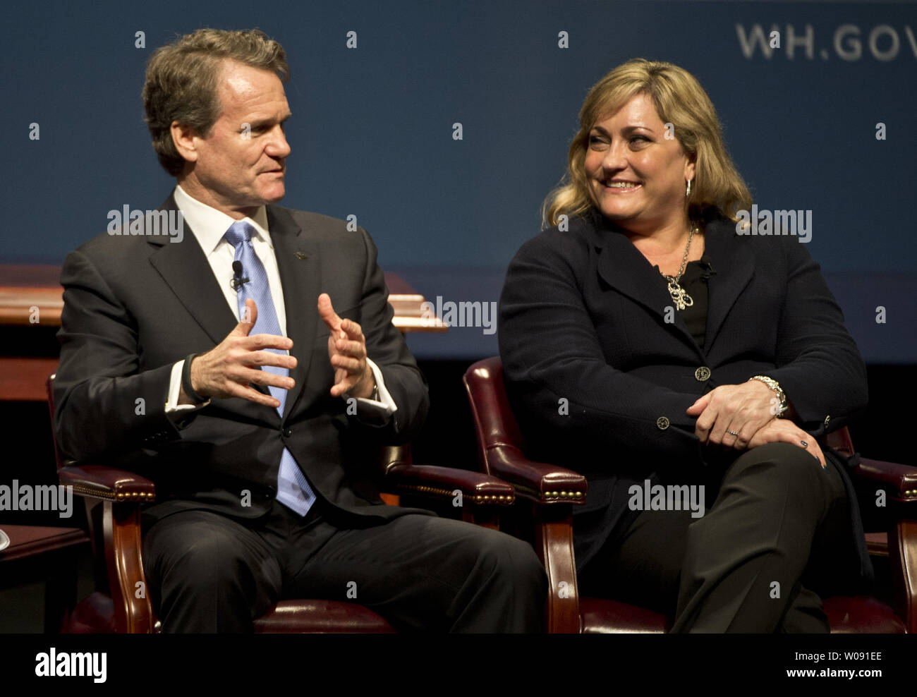 President of Intel Renee James (R) listens to Chairman and CEO of Bank ...