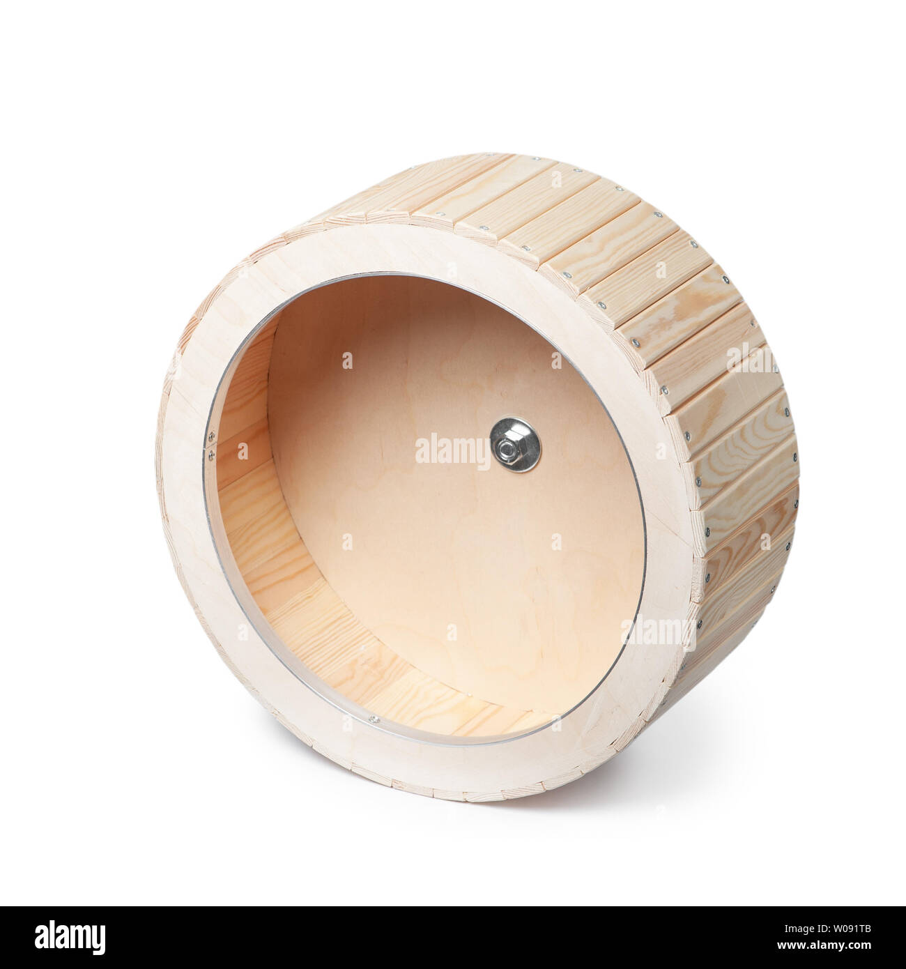 Empty wooden running wheel for rodents isolated on white background ...