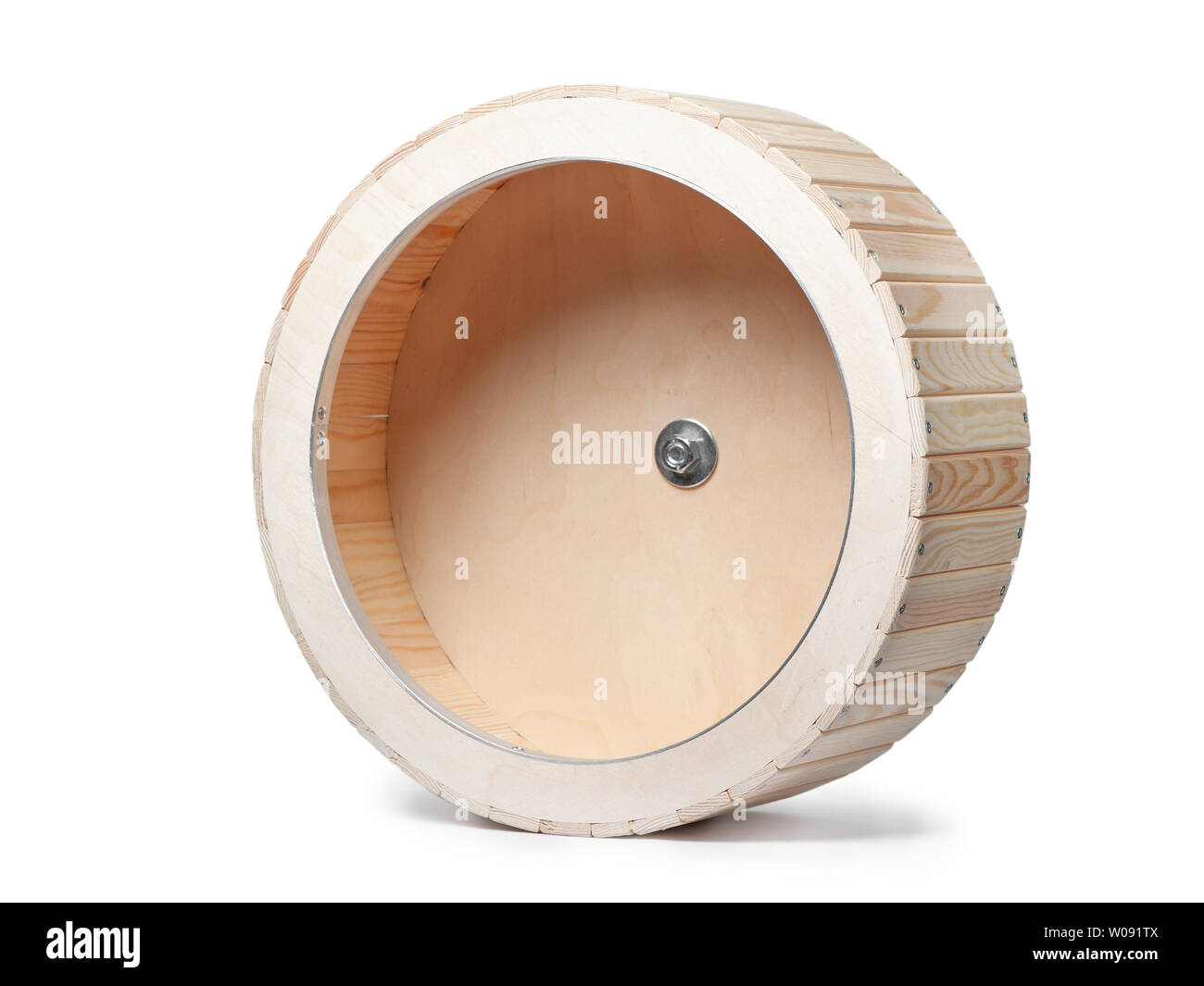 Empty wooden running wheel for rodents isolated on white background ...
