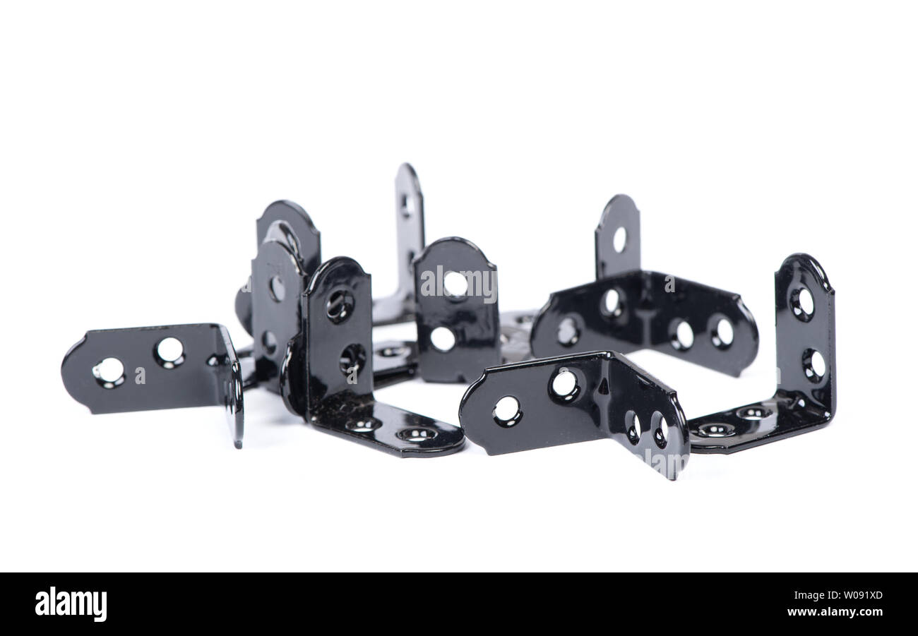 Group of black metallic angle fixators. Mounting metal angle corners ...