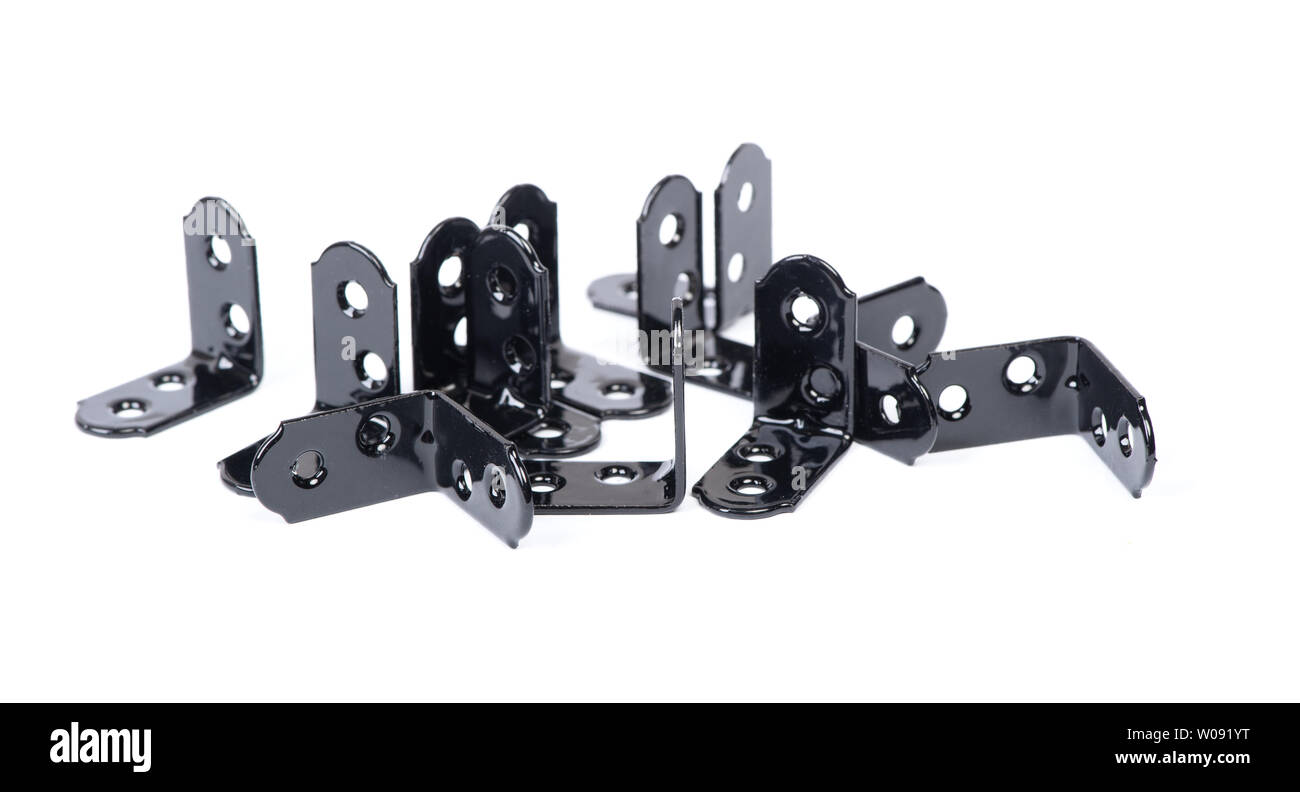 Group of black metallic angle fixators. Mounting metal angle corners ...