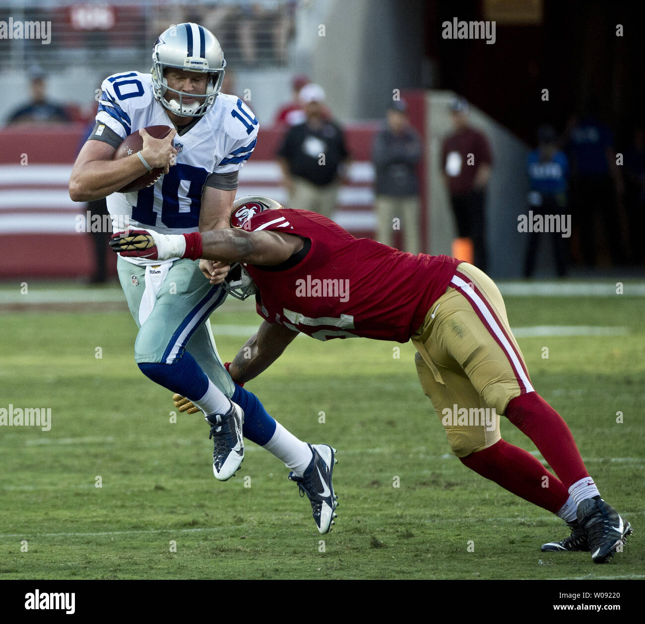Dallas Cowboys QB Dustin Vaughn (10) eludes San Francisco 49ers in the ...