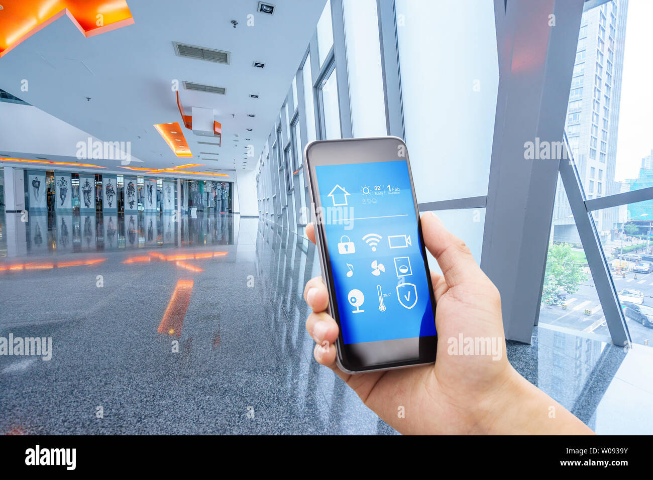 smart phone with smart home and modern corridor Stock Photo - Alamy