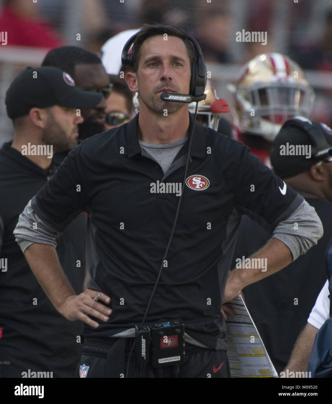 San Francisco 49ers Head Coach Kyle Shanahan watches a replay in the ...