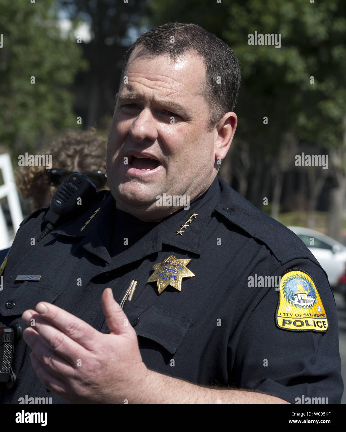 San Bruno police chief Ed Barberini speaks to members of the media ...