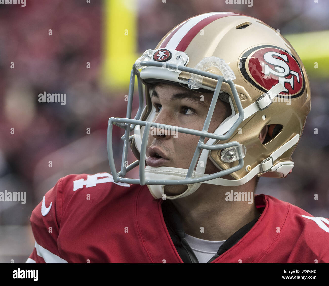 San Francisco 49ers quarterback Nick Mullens (4) warms up to play the ...