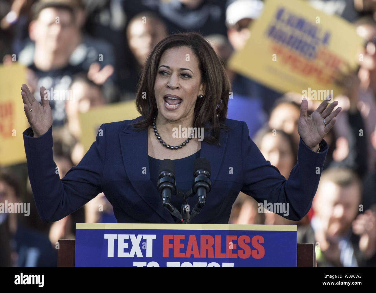 Sen. Kamala Harris (D-CA) speaks to supporters at her kickoff rally for ...
