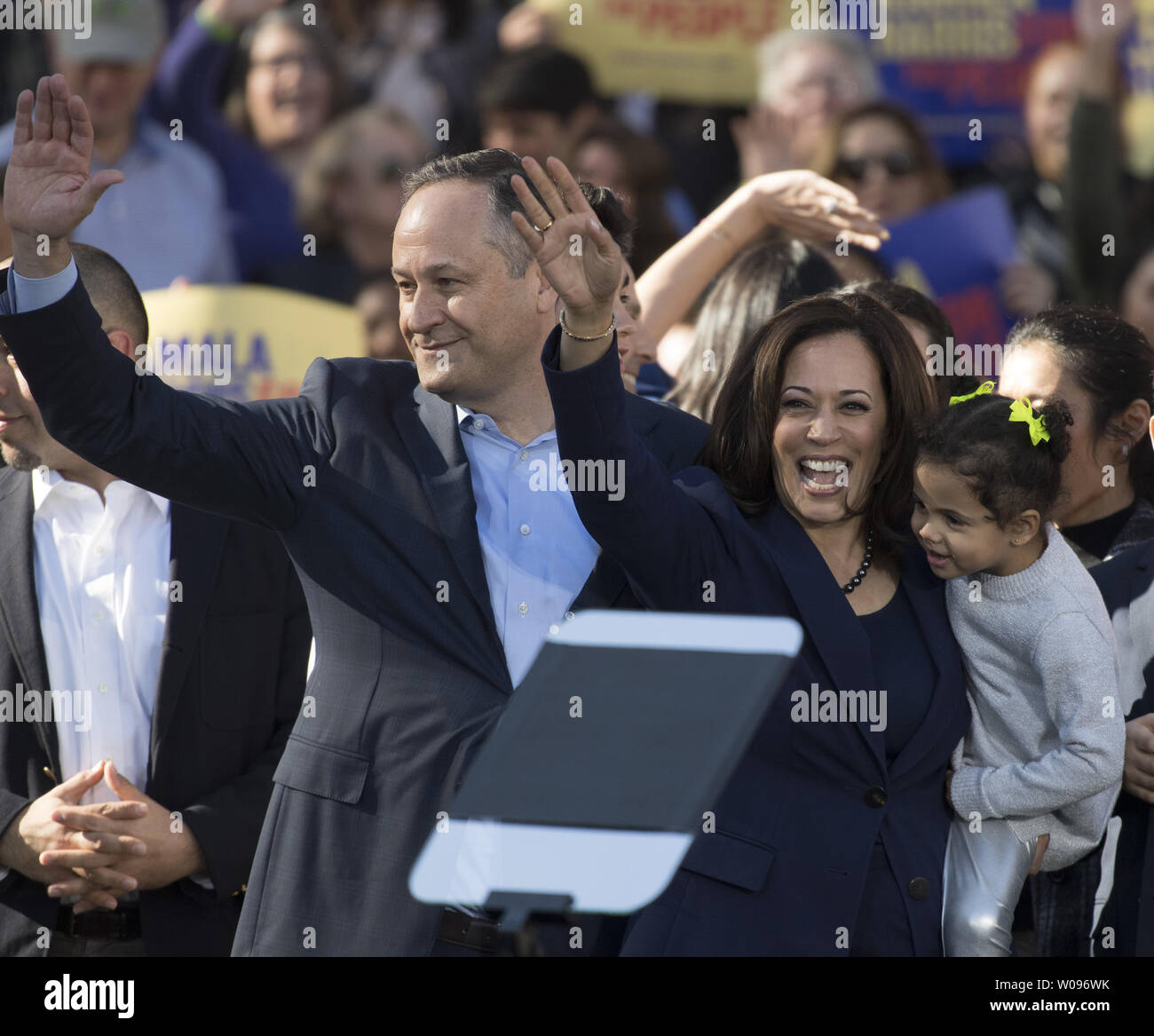 Sen. Kamala Harris (D-CA) and husband Douglas Emhoff (L) wave after the ...