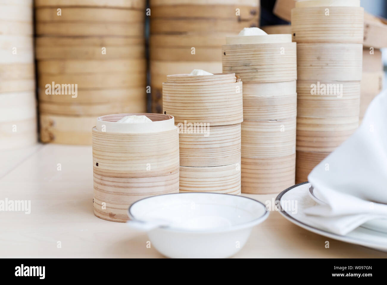 steamed Chinese bun in bamboo basket Stock Photo - Alamy