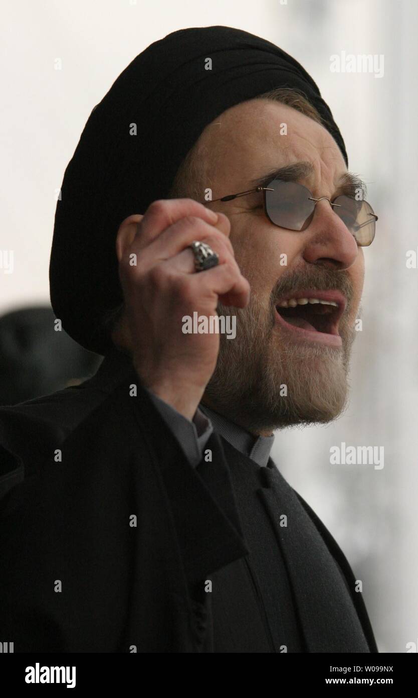 Iranian President Mohammad Khatami gives a speech during a rally to ...