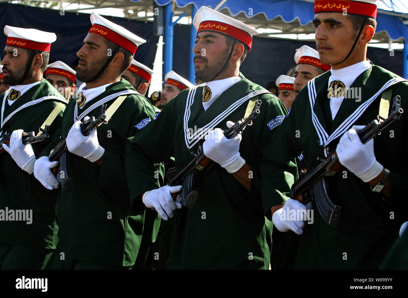 Iranian soldiers march during the annual military parade on September ...