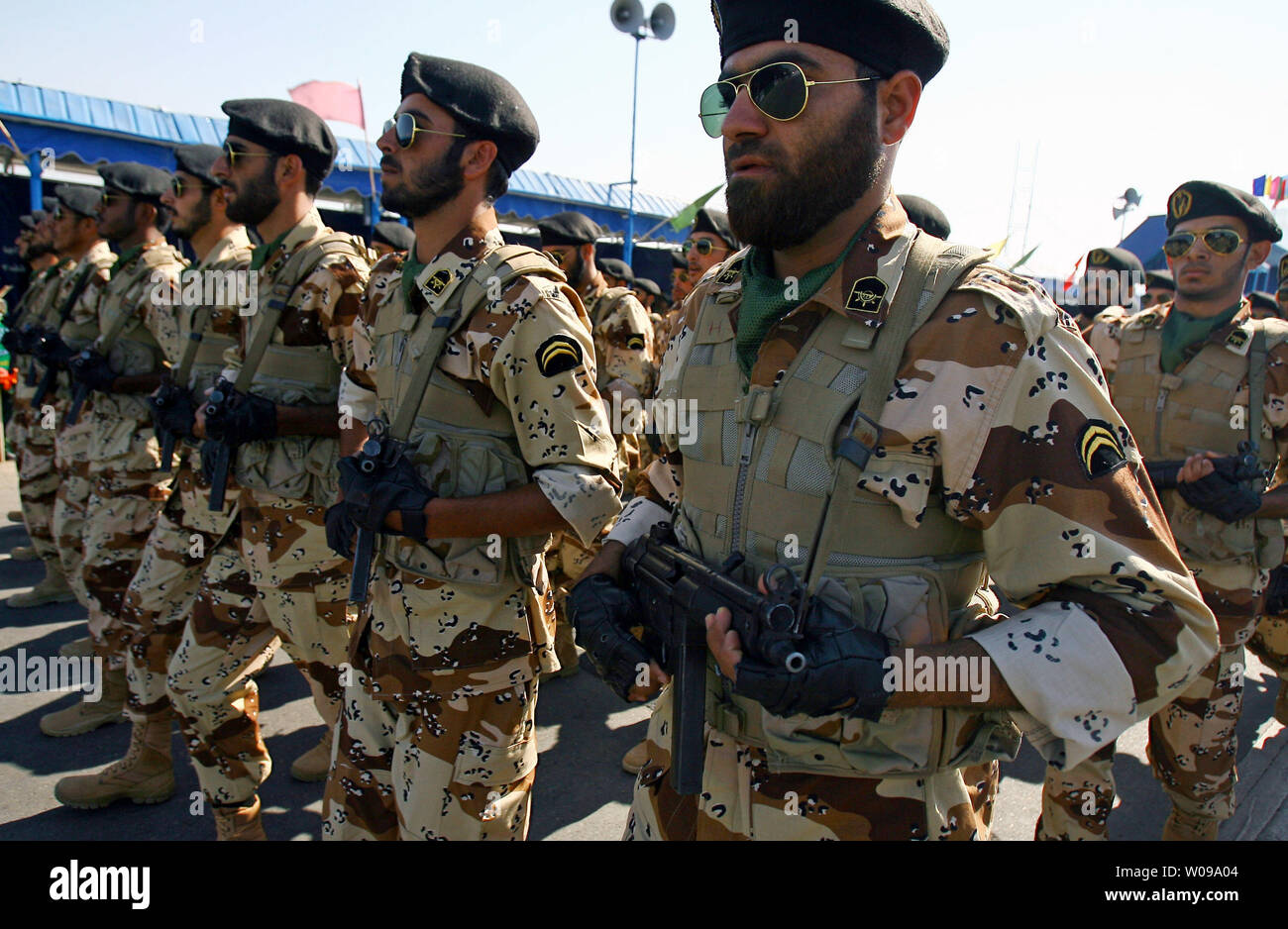 Iranian soldiers march during the annual military parade on September ...