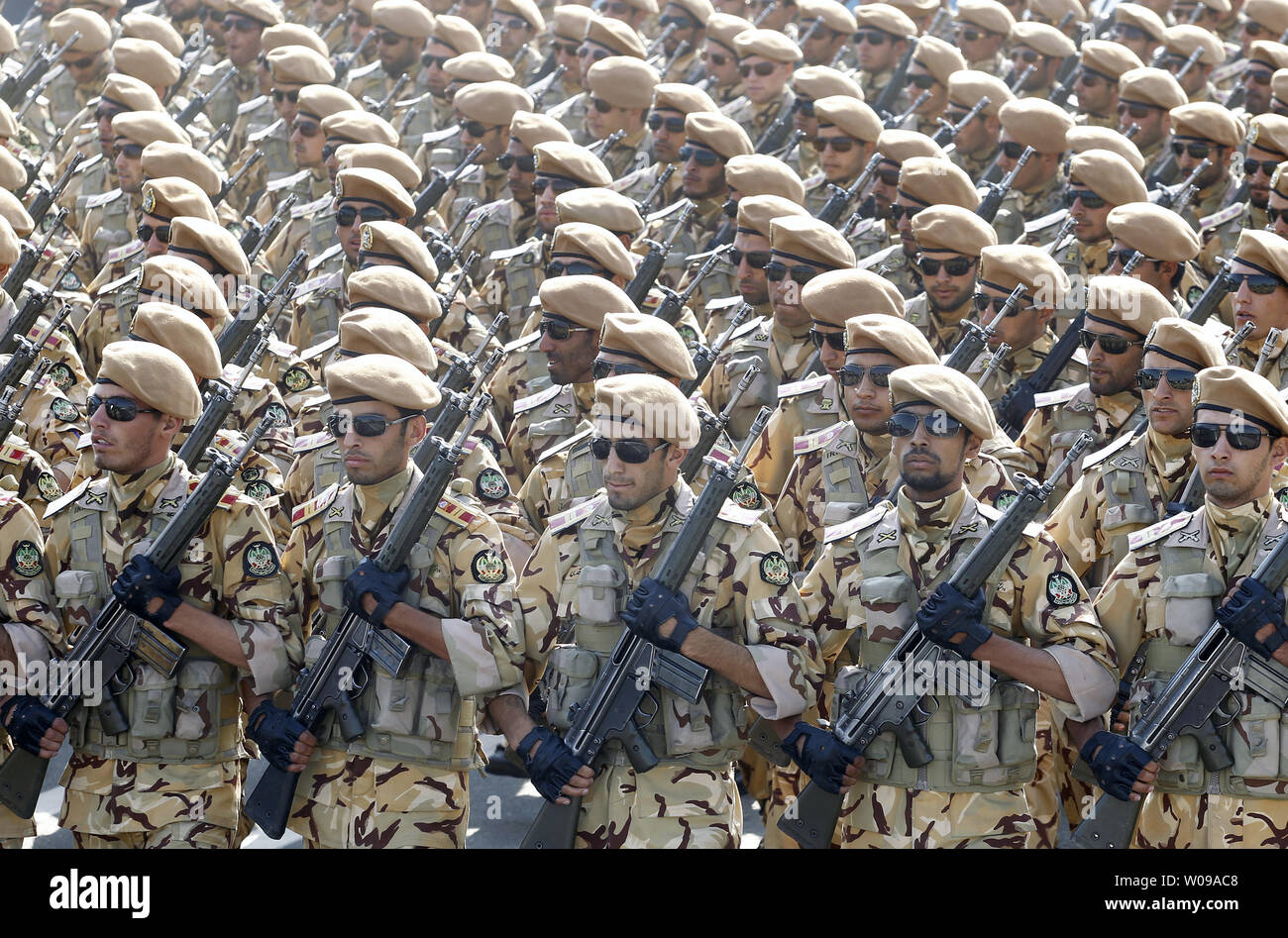 Iranian soldiers march during the annual military parade on September ...
