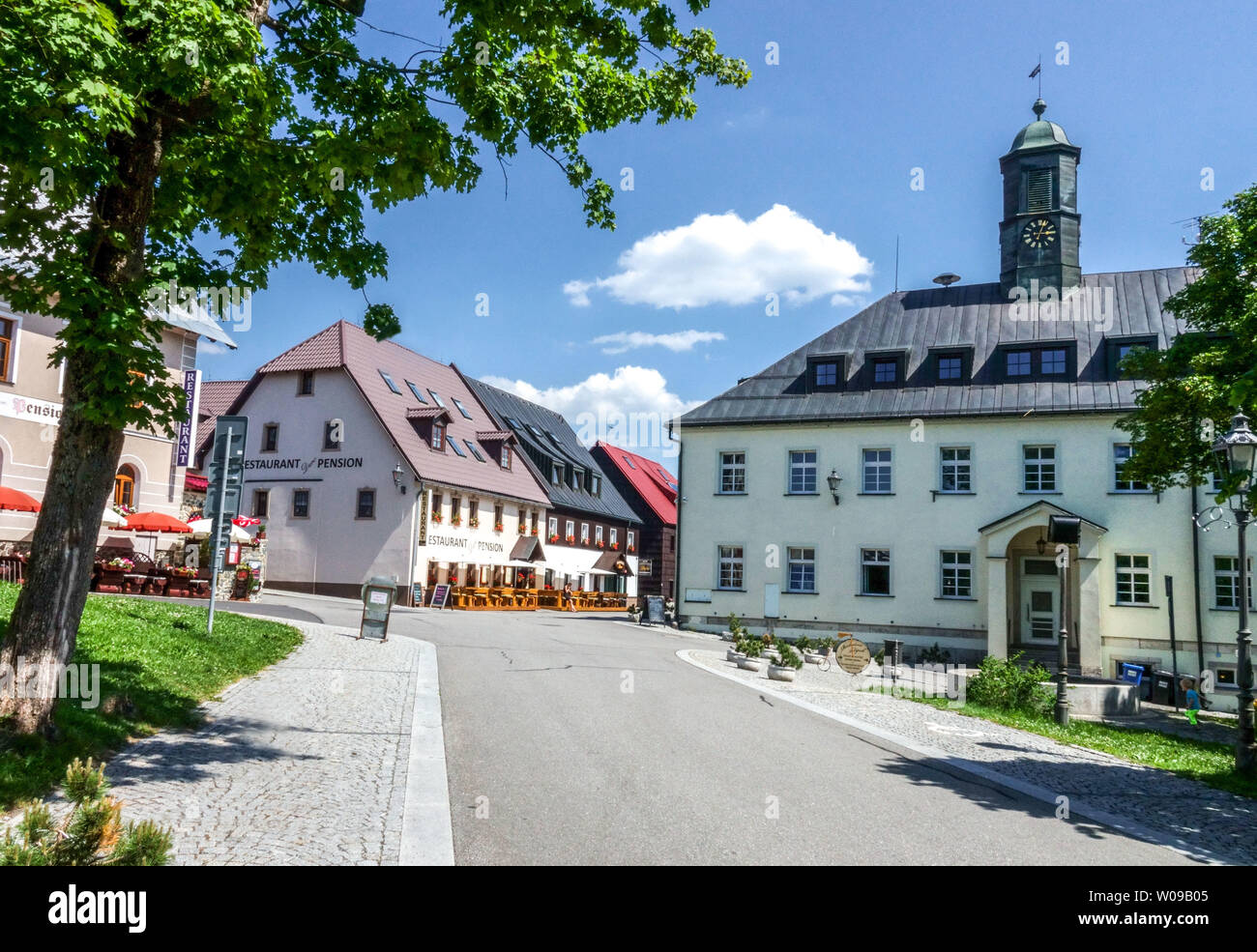 Bozi Dar, former mining town City Hall on Main Square, Krusne Hory ...