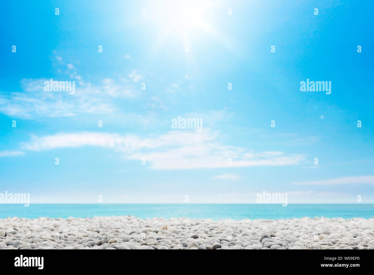 Depth of field (blur) scene of tropical sea and sky with bright ...