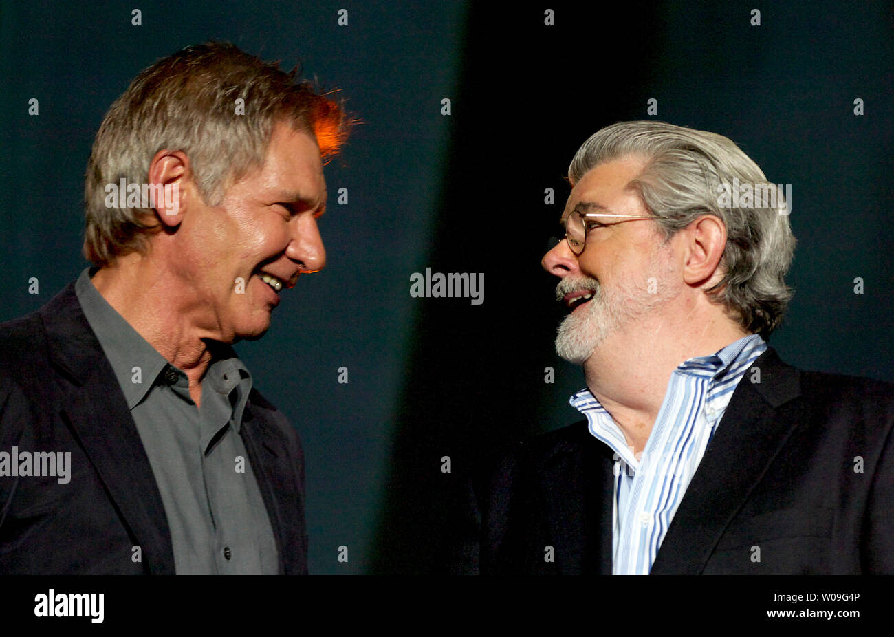Actor Harrison Ford (L) and Executive Producer George Lucas attend the ...