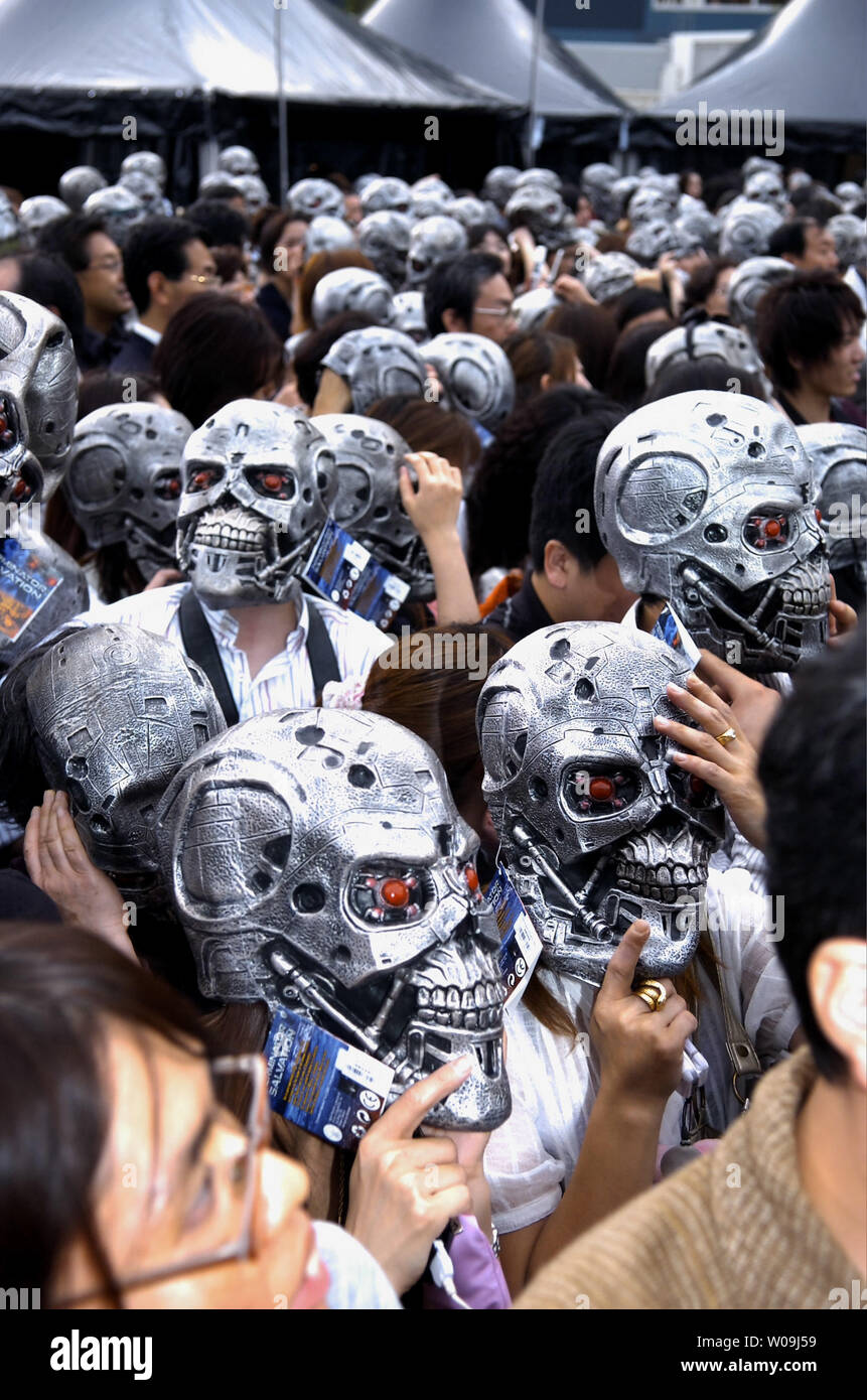 Fans wear "T-800" masks during a Japan premiere of the film "Terminator ...