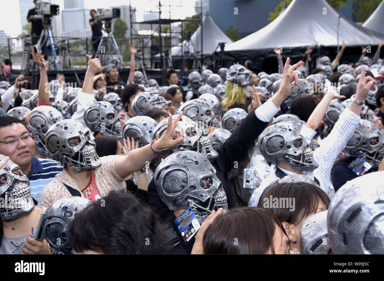 Fans wear "T-800" masks during a Japan premiere of the film "Terminator ...