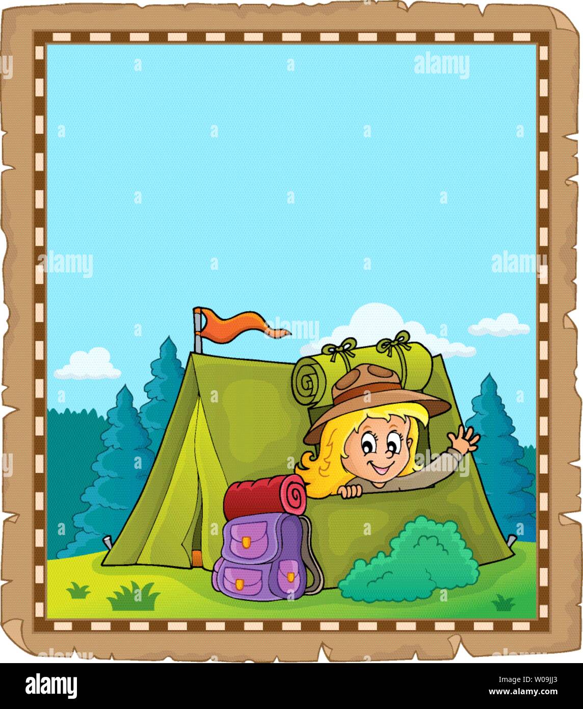 Parchment with scout girl in tent 1 - eps10 vector illustration Stock ...