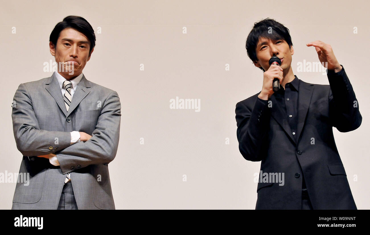 Japanese actor and director Yusuke Iseya (L) and actor Hidetoshi Nishijima attend a stage ...