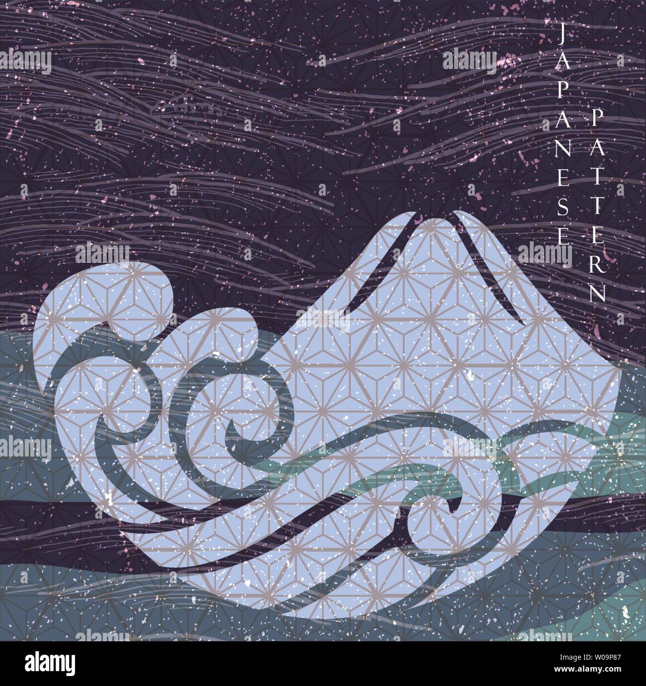 Fuji mountain icon with Japanese pattern vector. Blue wave background ...