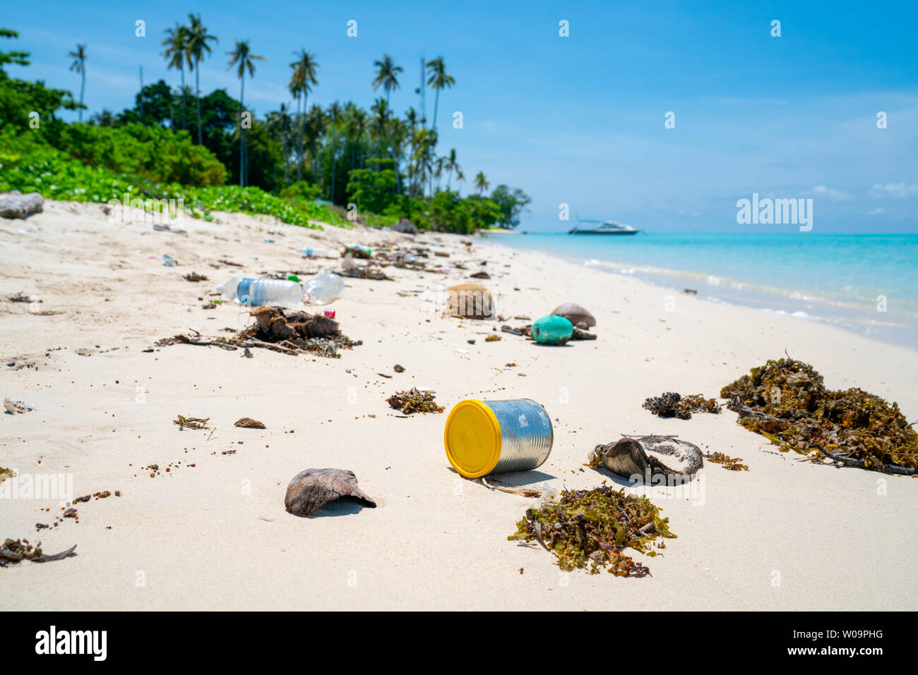 Environmental problem trash disgarded on idyllic Pacific tropical beach ...