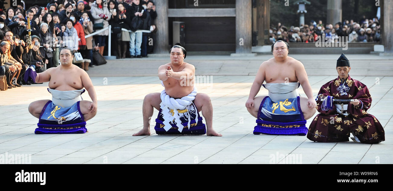 Mongolian grand sumo champion Yokozuna Harumafuji(L2) performs type ...