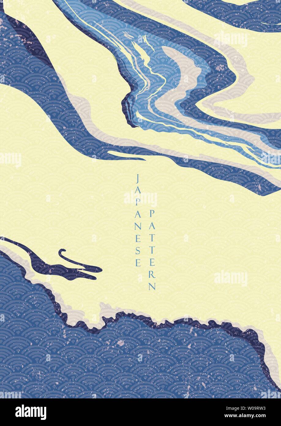 Japanese wave template with pattern vector. Blue ocean background with ...