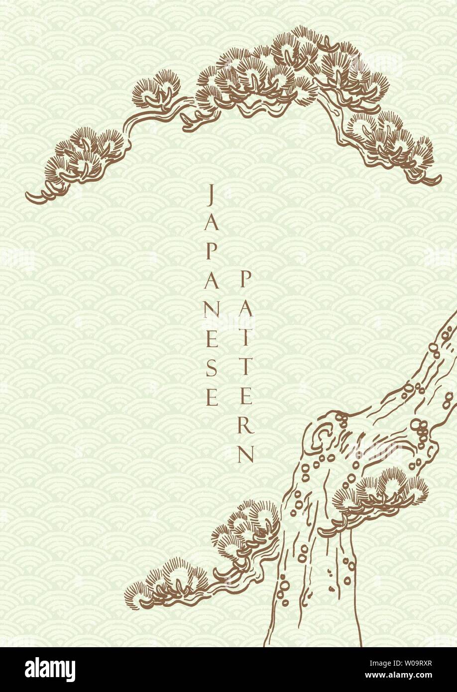 Japanese pine tree template vector. Wave pattern background with grunge ...