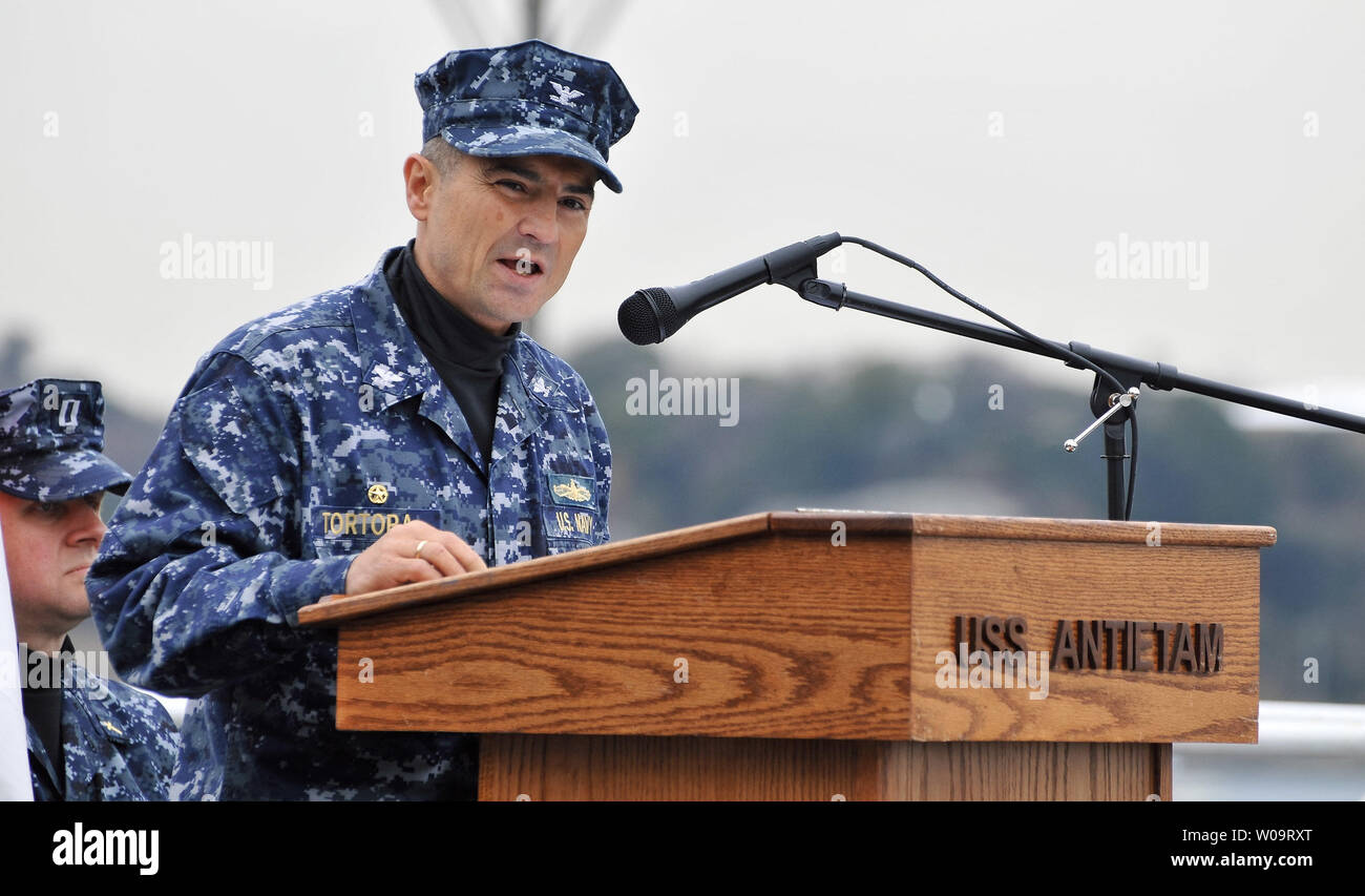 USS Antietam's Capt. Thomas C. Disy speaks during USS Cowpens and USS ...