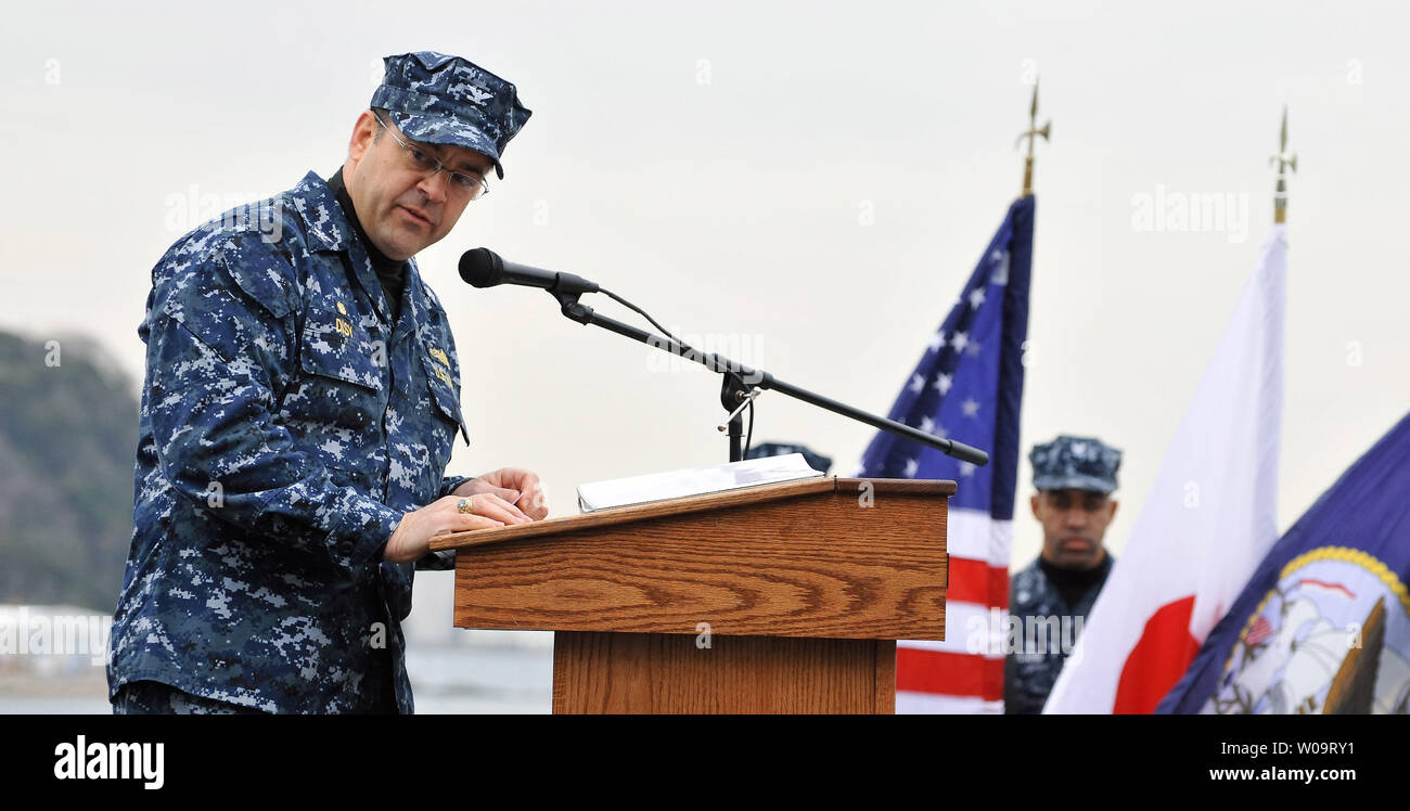 USS Antietam's Capt. Thomas C. Disy speaks during USS Cowpens and USS ...