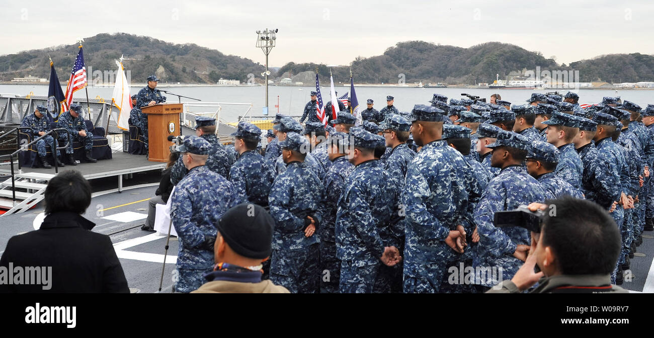 USS Antietam's Capt. Thomas C. Disy speaks during USS Cowpens and USS ...