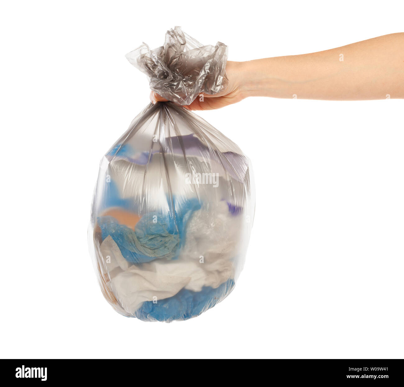 woman hands holding garbage bag isolated on white background Stock ...
