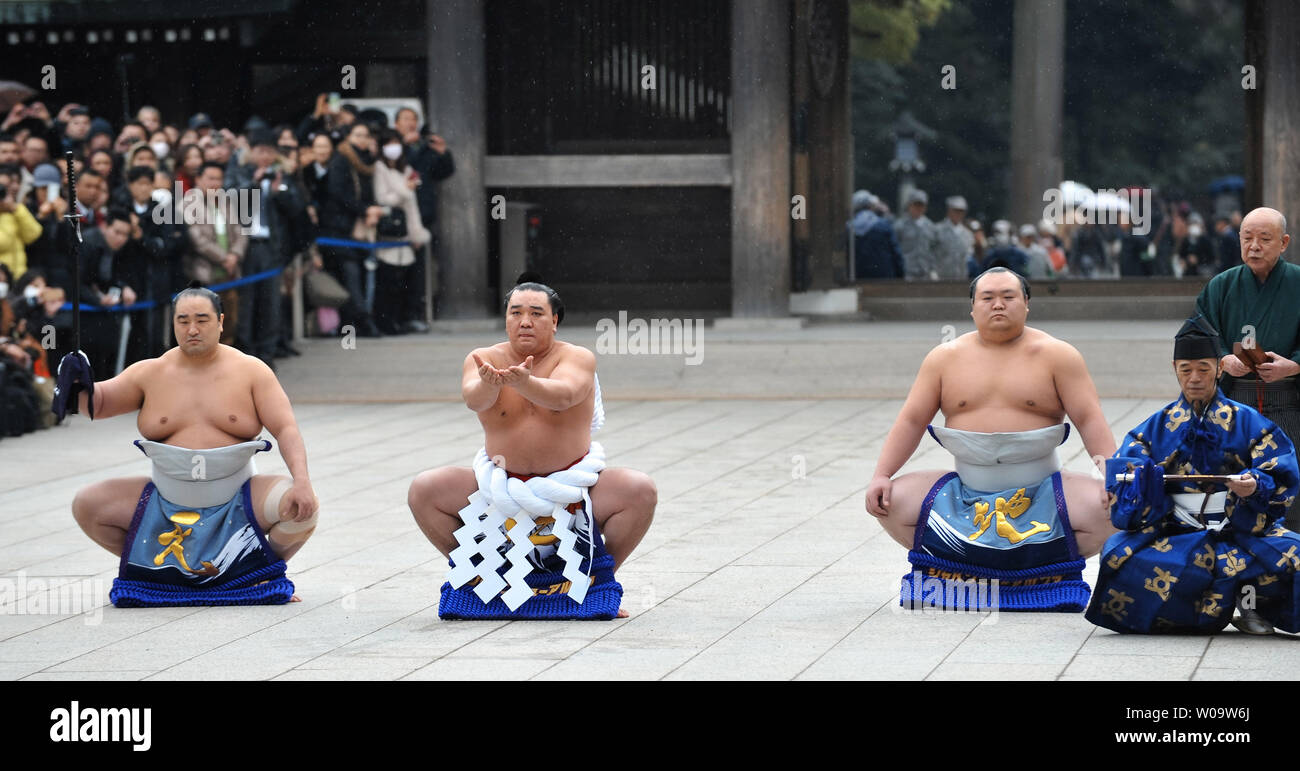 Mongolian grand sumo champion Yokozuna Harumafuji(L2) performs type ...