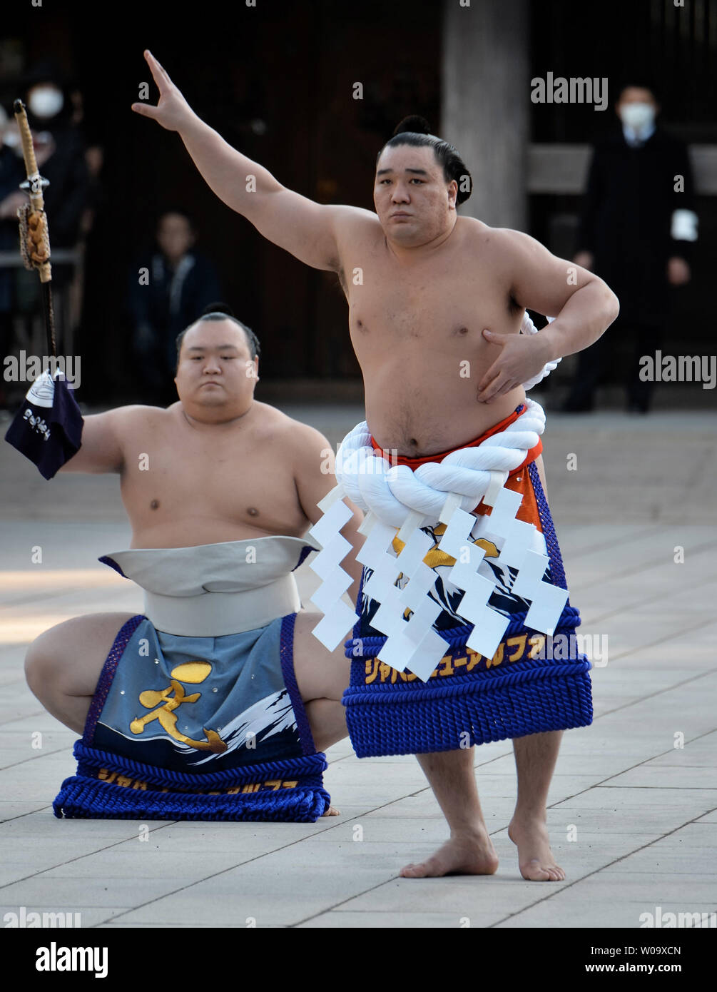 Mongolian grand sumo champion Yokozuna Harumafuji performs Shiranui ...