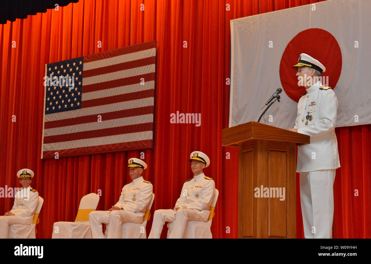 Vice Adm. Robert L. Thomas(R), commander of U.S. Seventh Fleet speaks ...