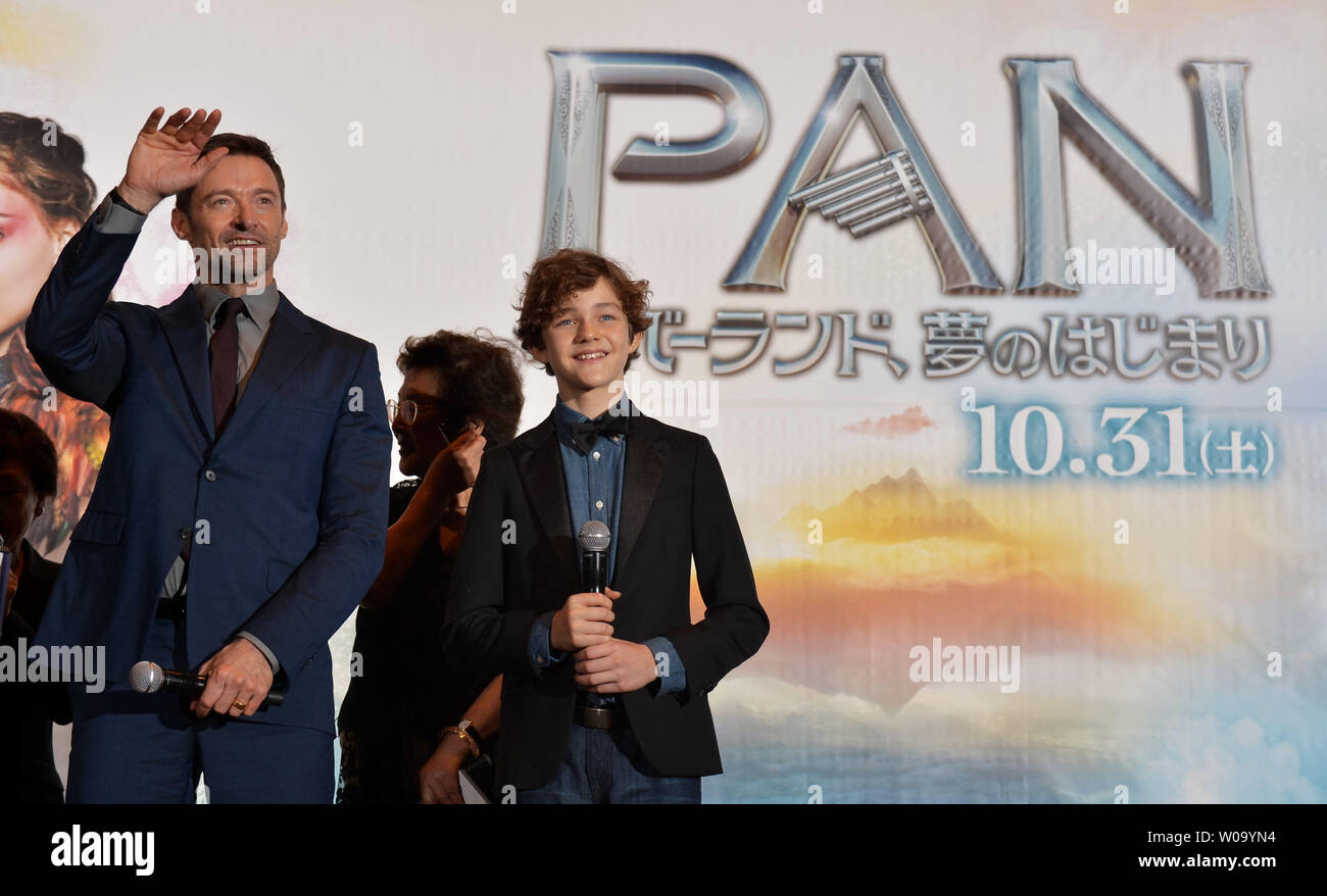 Actor Hugh Jackman(L) and Levi Miller attend the Japan premiere for the ...